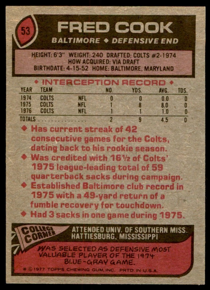 1977 Topps Fred Cook Baltimore Colts #53 | eBay