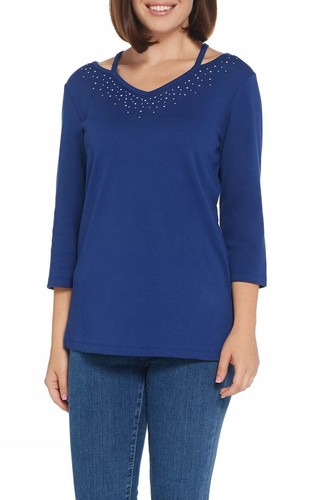 Quacker Factory Size 2X Navy Cutout V-Neck Knit T-shirt w/ Rhinestones ...