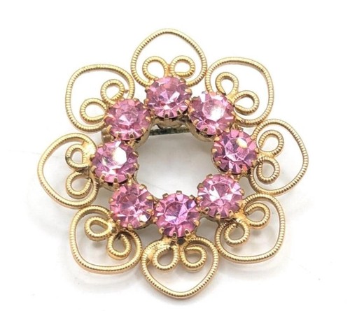 Vintage Pink Rhinestone Round Wreath Brooch Lapel Pin Gold Tone Small ...