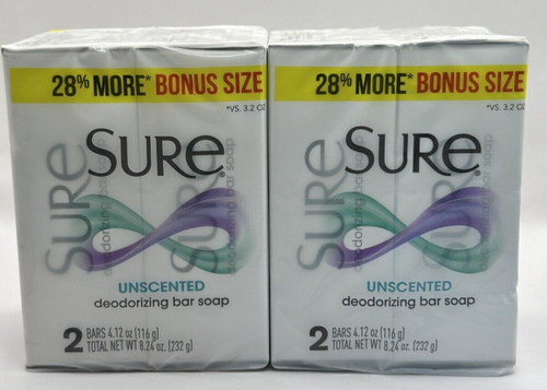 NEW! Sure (2~BARS)4.12 OZ. Bars UNSCENTED *BONUS Size Deodorizing Bar ...