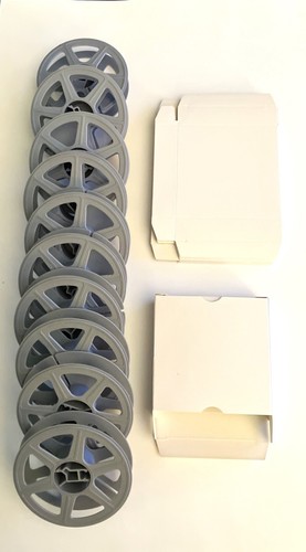 10-NEW 16mm 100' EMPTY PLASTIC FILM REELS GREY W/ Boxes Approx. 3 1/2in ...