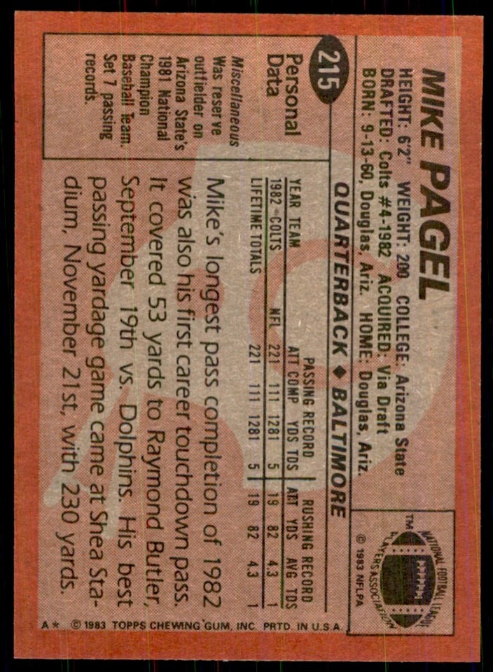 1983 TOPPS_ MIKE PAGEL BALTIMORE COLTS #215 | eBay