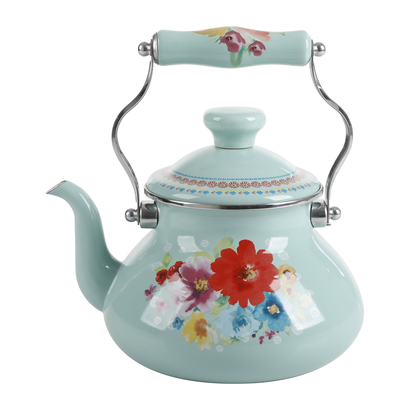 Breezy Blossom Enamel on Steel 1.9-Quart Tea Kettle Folding Handle Home ...