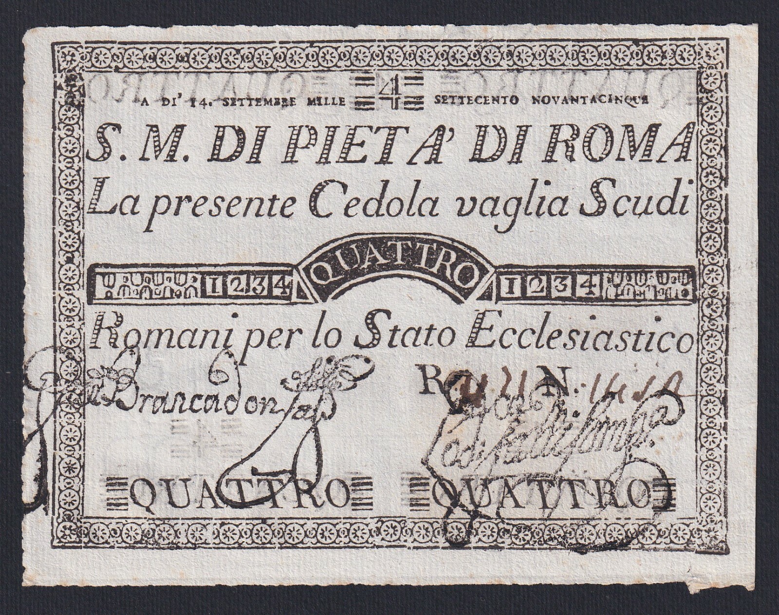 Banknote Republic Roman Monte Of Pieta Rome 4 Shields 1795 P S302 Fds ...