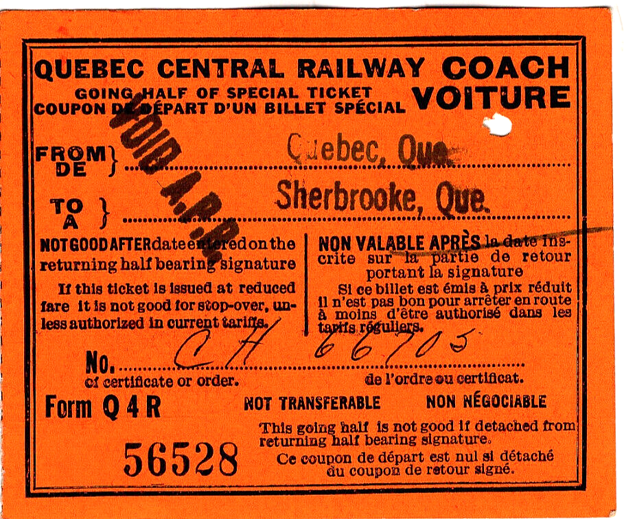 Railway ticket: Canada: Quebec Central: Quebec to Sherbrooke, 1961 | eBay