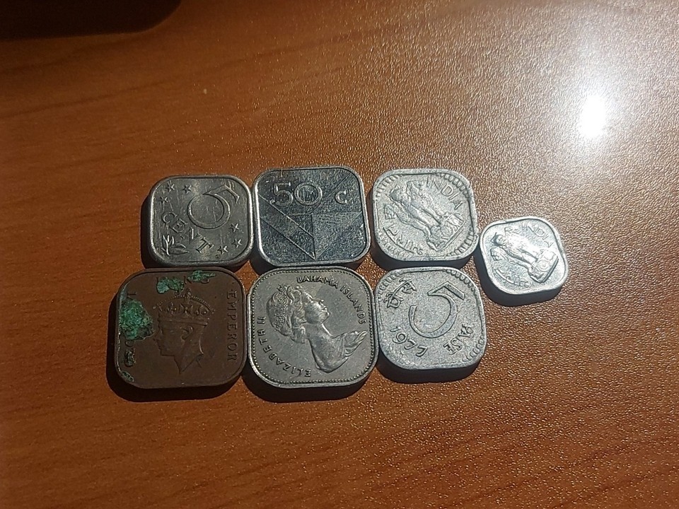 7 Square Diamond Coins Unusual Shape Aruba India Bahamas Dutch Antilles ...