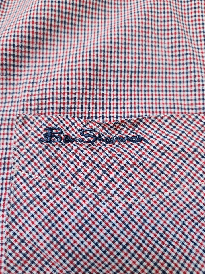 Ben Sherman Button Up Shirt Red Blue Plaid Collar Long Sleeve Pocket ...