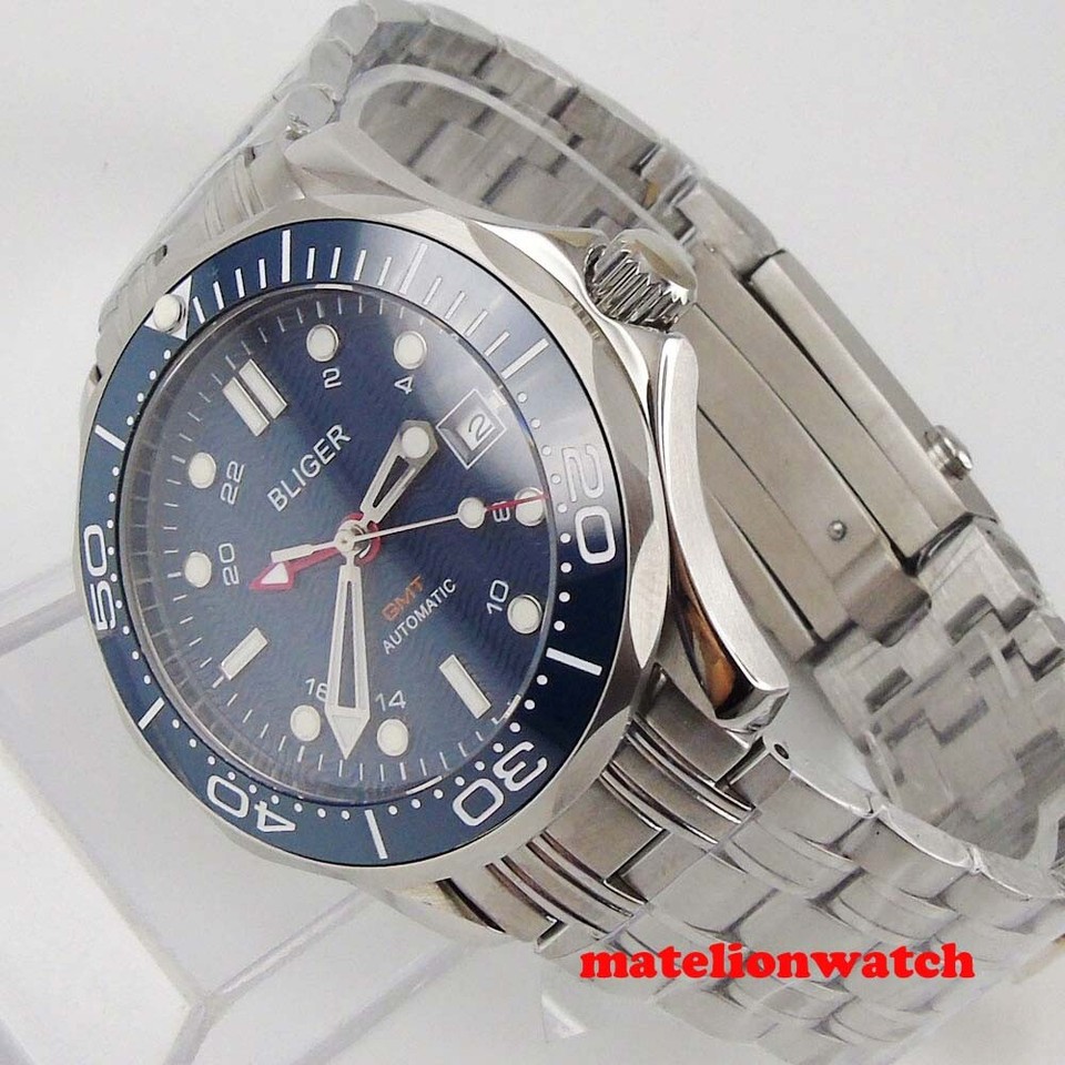41mm GMT Automatic Men’s Wristwatch Blue Dial Auto Date Sapphire Glass ...