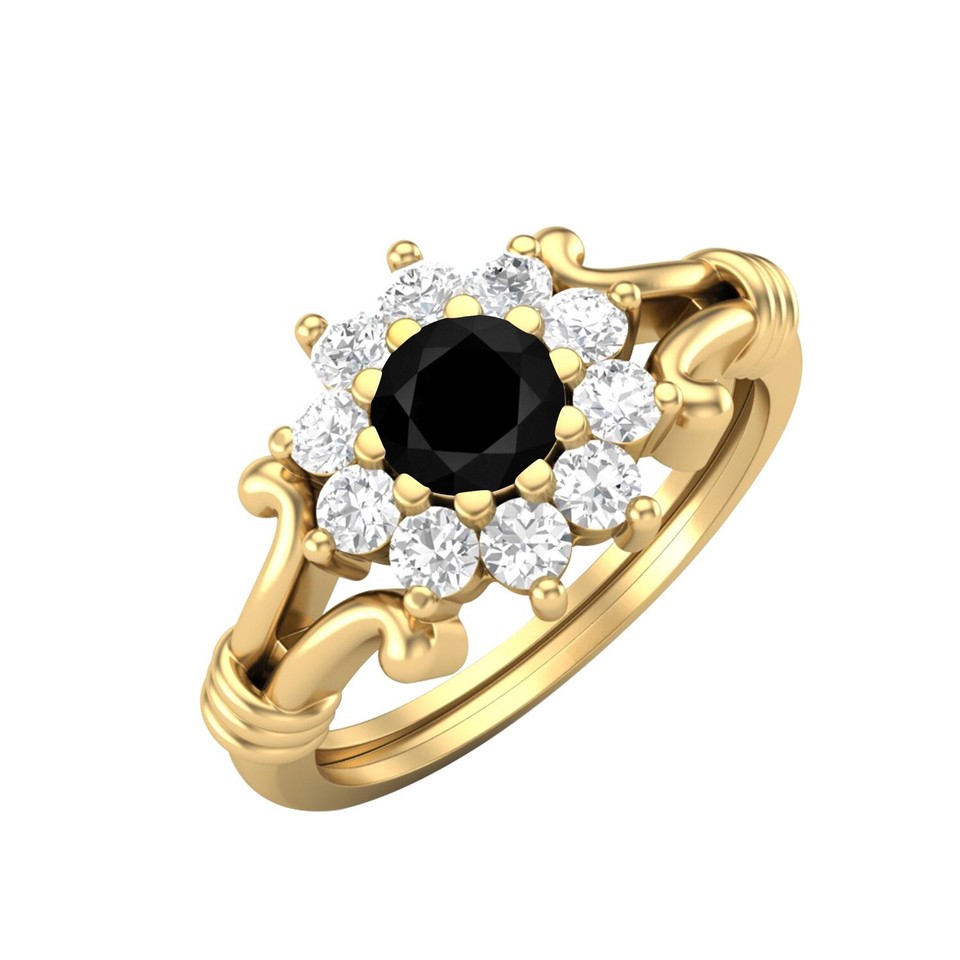 925 Sterling Silver Yellow Plated Round Black Spinel Cluster Black ...
