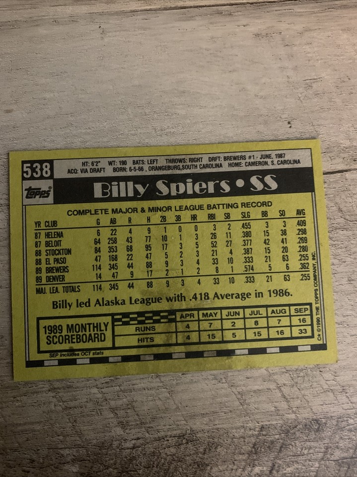 1990 Topps Billy Spiers #538 | eBay