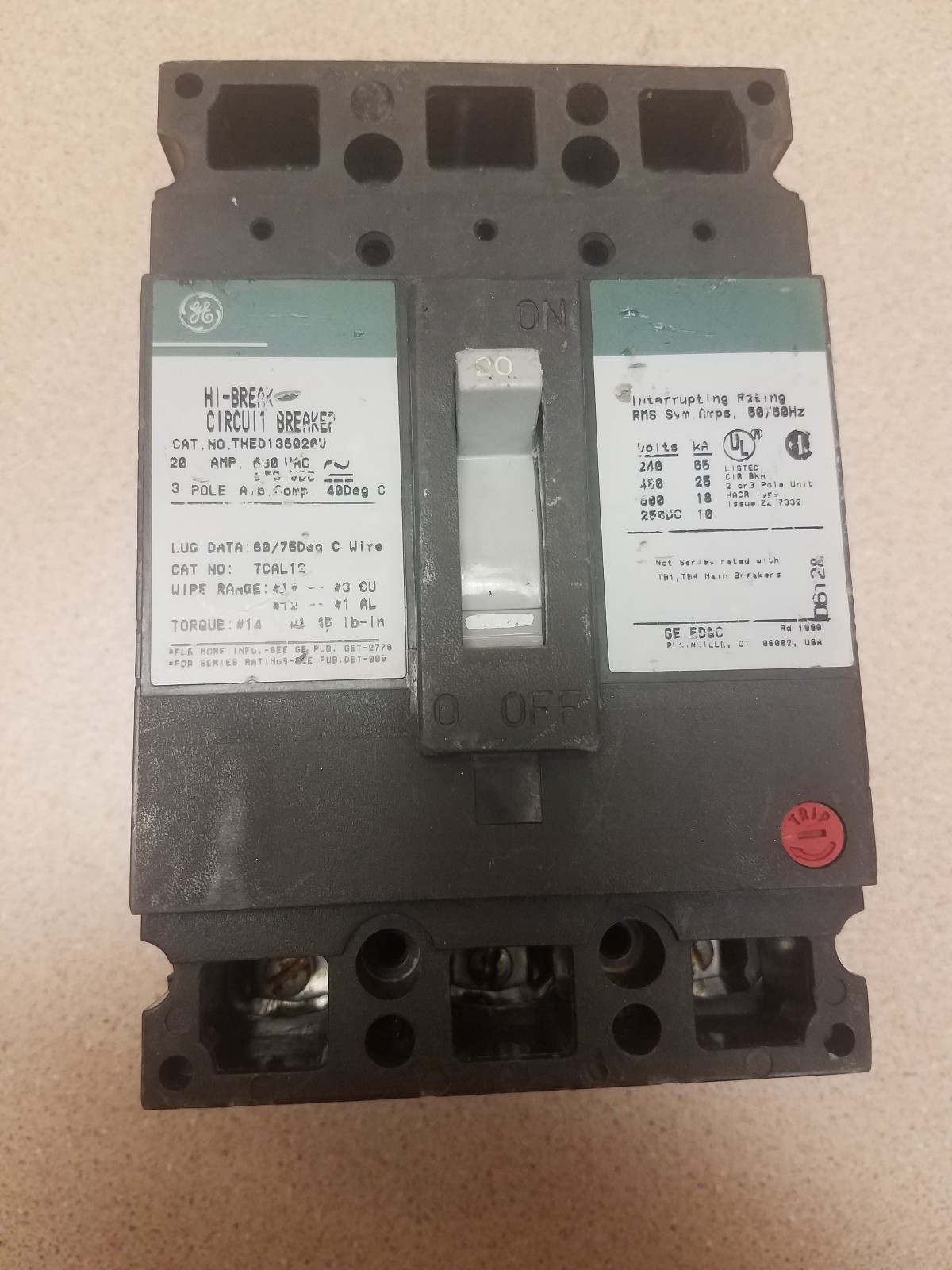 GE General Electric THED136020 HI Break Circuit Breaker 3P 20A 600V ...