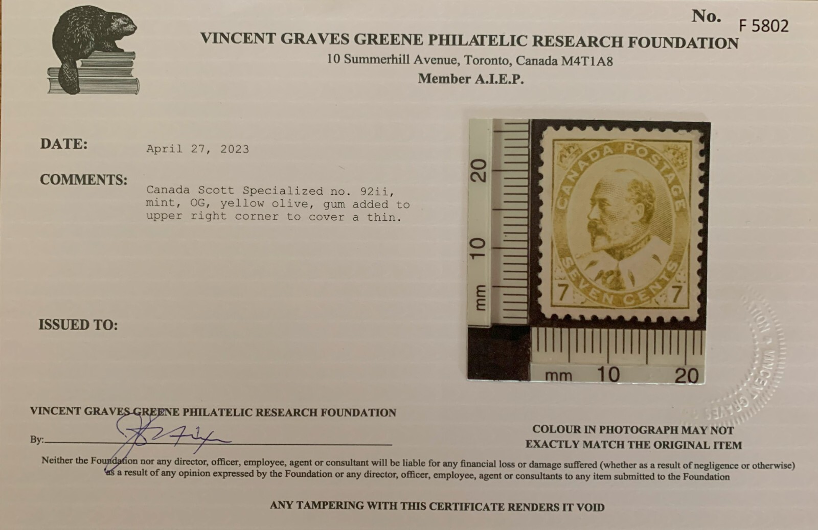 *GREENE FOUNDATION CERT* Canada Specialized #92ii MINT, VF, OG, Edward ...