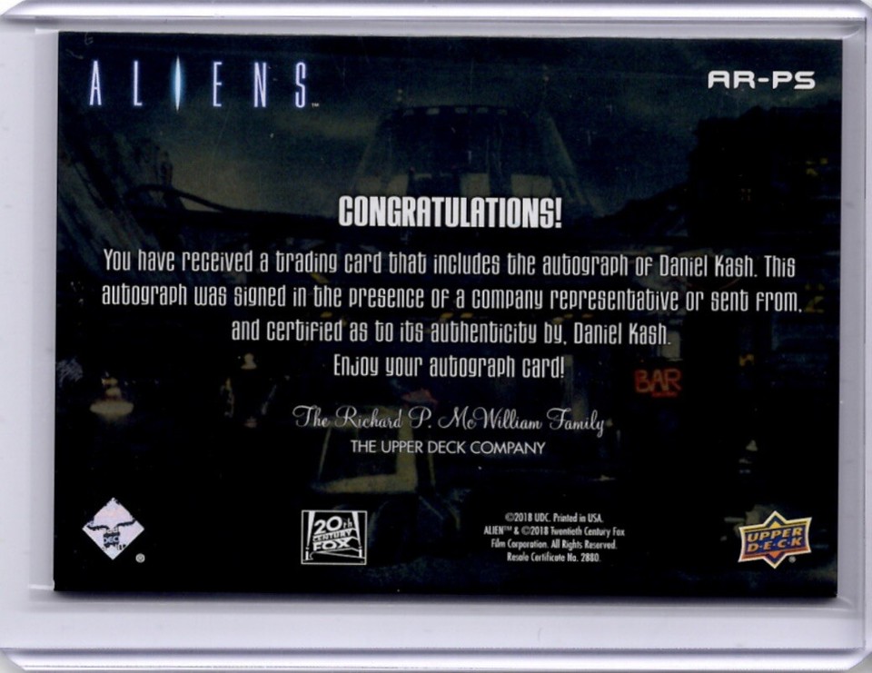 Aliens Movie Inscription Autograph Card, AR-PS Daniel Kash as Private ...