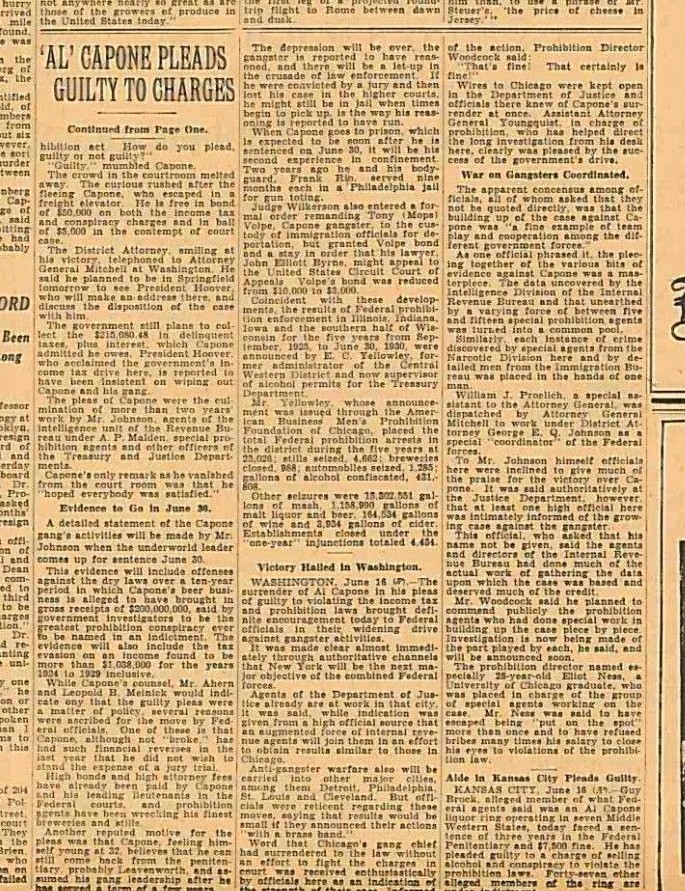 Original Newspaper AL CAPONE PLEADS GUILTY TO TAX CHARGES June 17 1931 ...