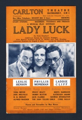 Rodgers and Hart "LADY LUCK" Leslie Henson / Laddie Cliff 1927 London ...