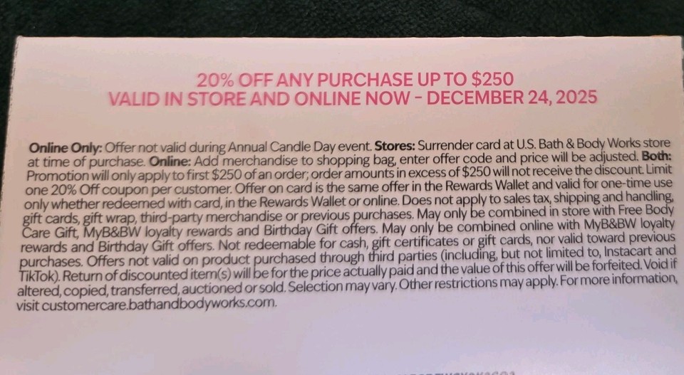 Bath And Body Works Coupon 20% off Valid thru December 24, 2025 | eBay