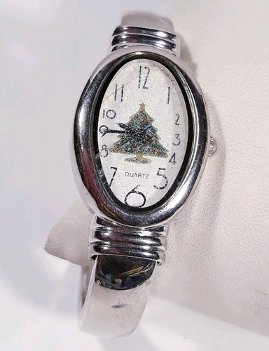Christmas Tree Watch Silver Bangle Band White Face Green Accent Easy to ...