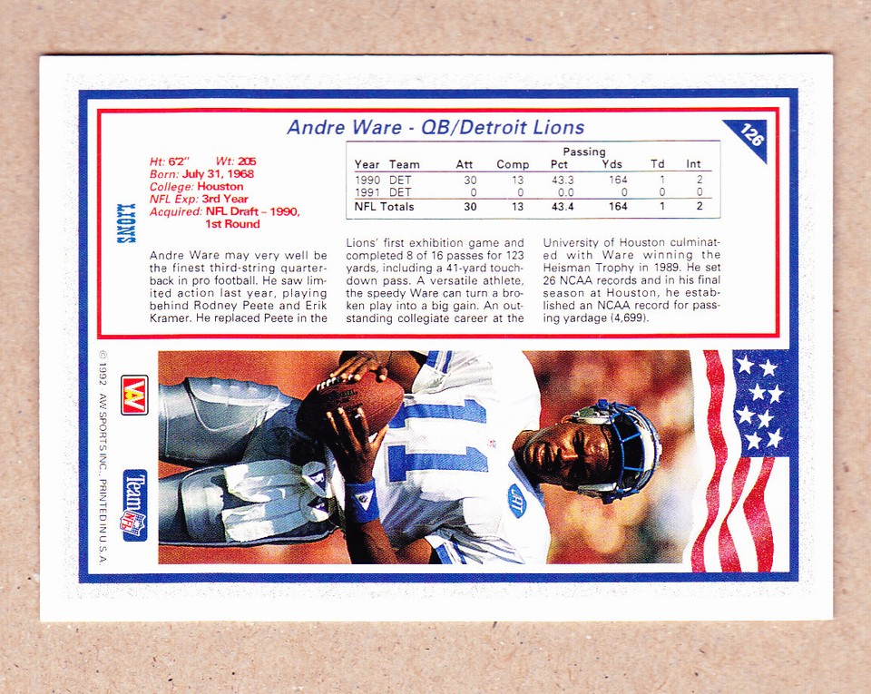 Andre Ware signed 1992 All World football card# 126-Detroit Lions | eBay
