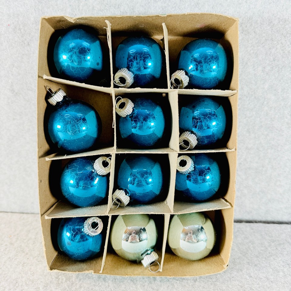 Shiny Brite 1940s Uncle Sam Box with 12 Blue Christmas Ornaments Round ...
