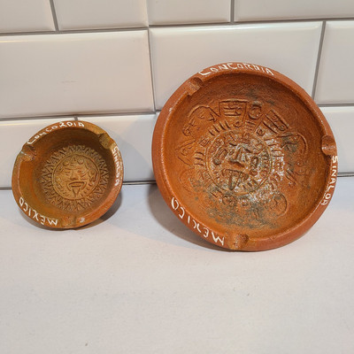 Lot Of 2 Vintage Mexican Pottery Ashtray Mayan Sun Terra Cotta Brown 1 ...