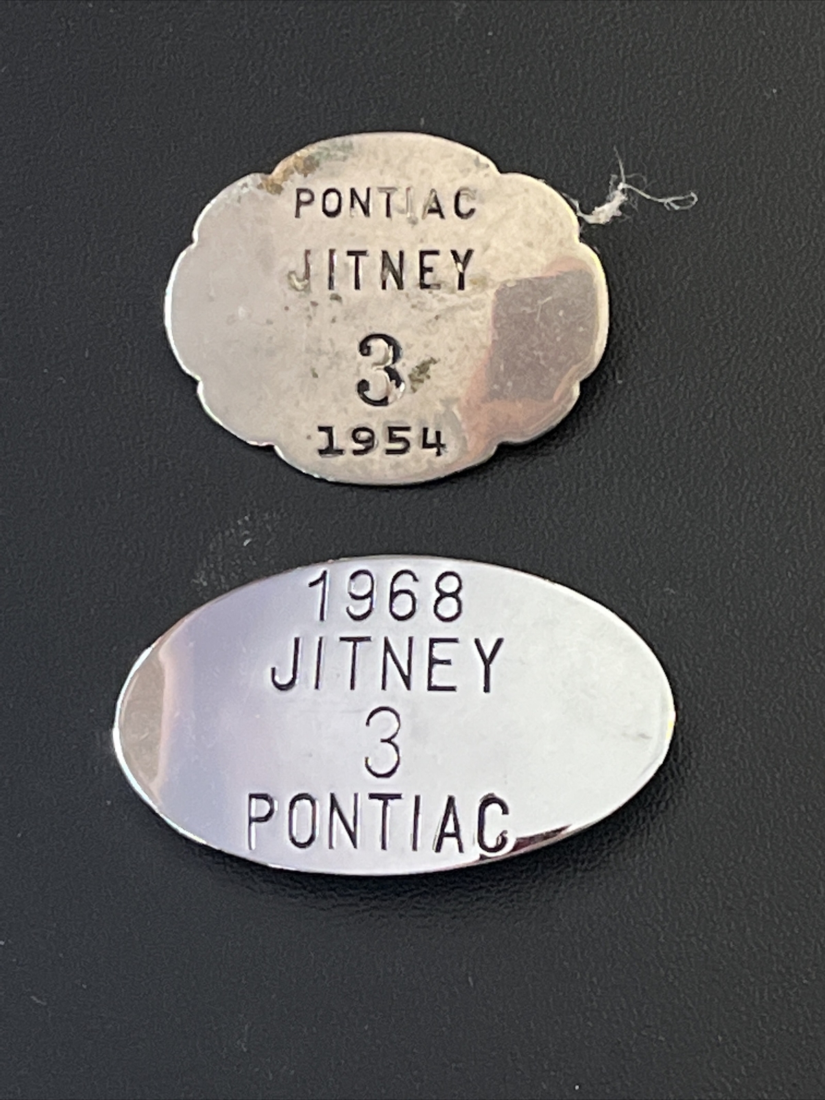 2 Pontiac, Michigan Jitney driver badges w/same number 3, original pins ...