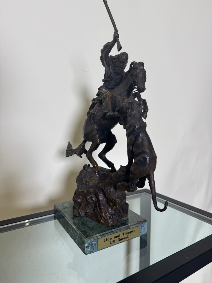 CM Russell Western Americana Bronze Lion and Trapper Sculpture Statue ...