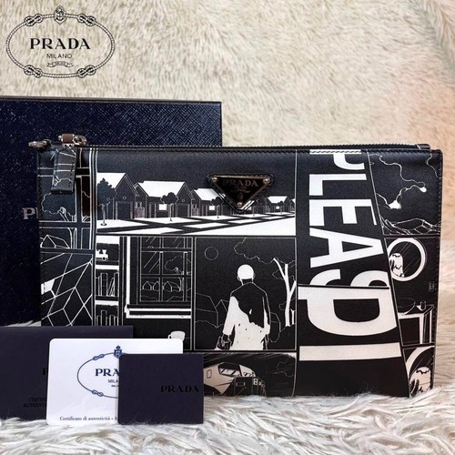Prada Clutch Bag Limited Edition Handbag black white logo Comic Pattern ...
