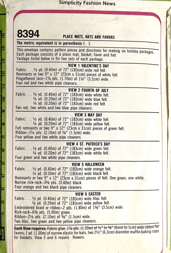 1980's Simplicity Place Mats,Hats,Favors Pattern 8394 UNCUT | eBay