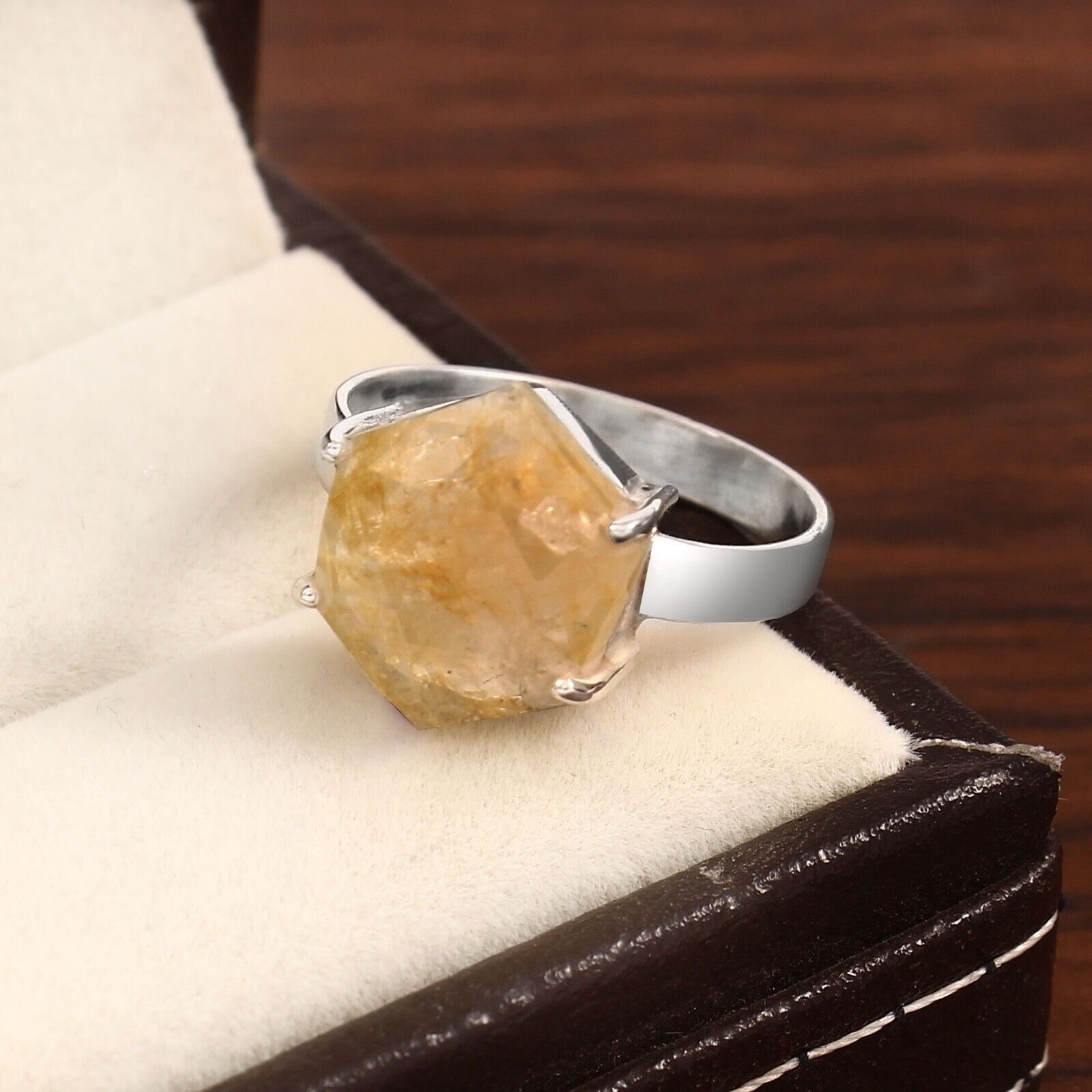 925 Sterling Silver, Natural Spider Beryl Silver Ring Hexagon Cut Prong ...