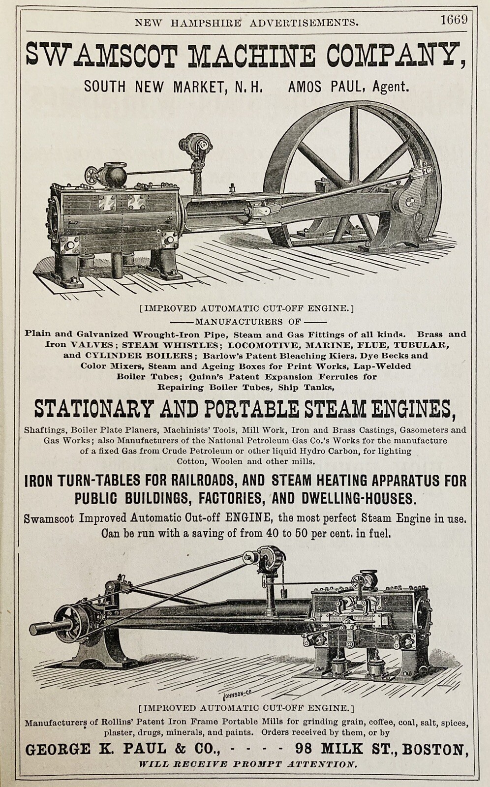 1883 AD(N18)~SWAMSCOT MACHINE CO. SOUTH NEW MARKET, NH. PORTABLE STEAM ...