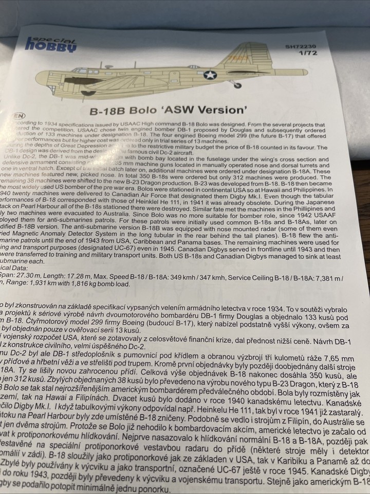 Special Hobby 1/72 Scale B-18B Bolo ASW Version Bomber Model Kit New ...