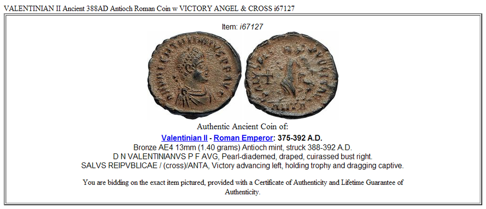 VALENTINIAN II Ancient 388AD Antioch Roman Coin w VICTORY ANGEL & CROSS ...