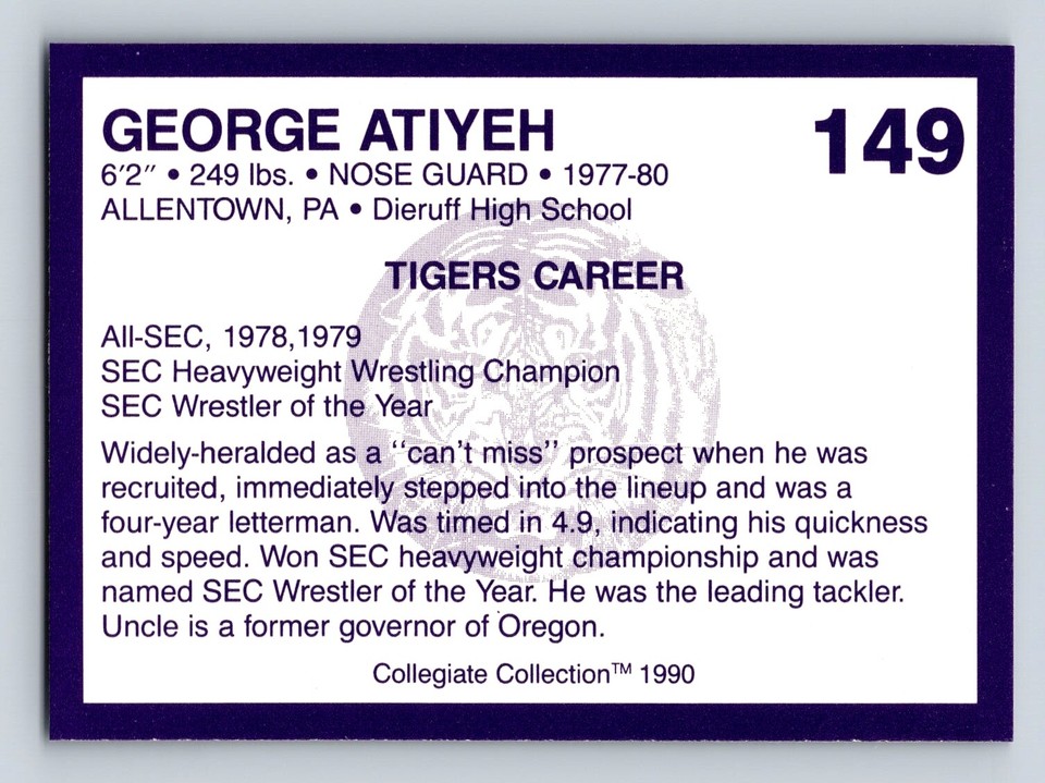 George Atiyeh 1990 Collegiate Collection LSU Tigers #149 LSU Tigers | eBay