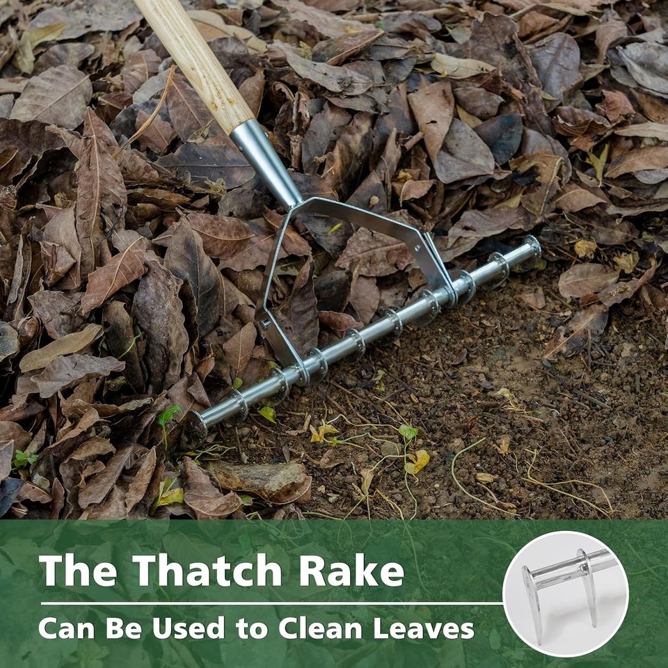 58" Lawn Dethatching Rake – Heavy Duty Garden Thatch Rake, Long Handle ...