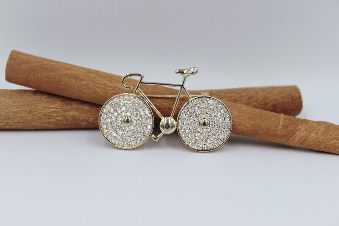 2Ct Round Cut Real Moissanite Bicycle Wedding Brooch Pin 14K Yellow ...