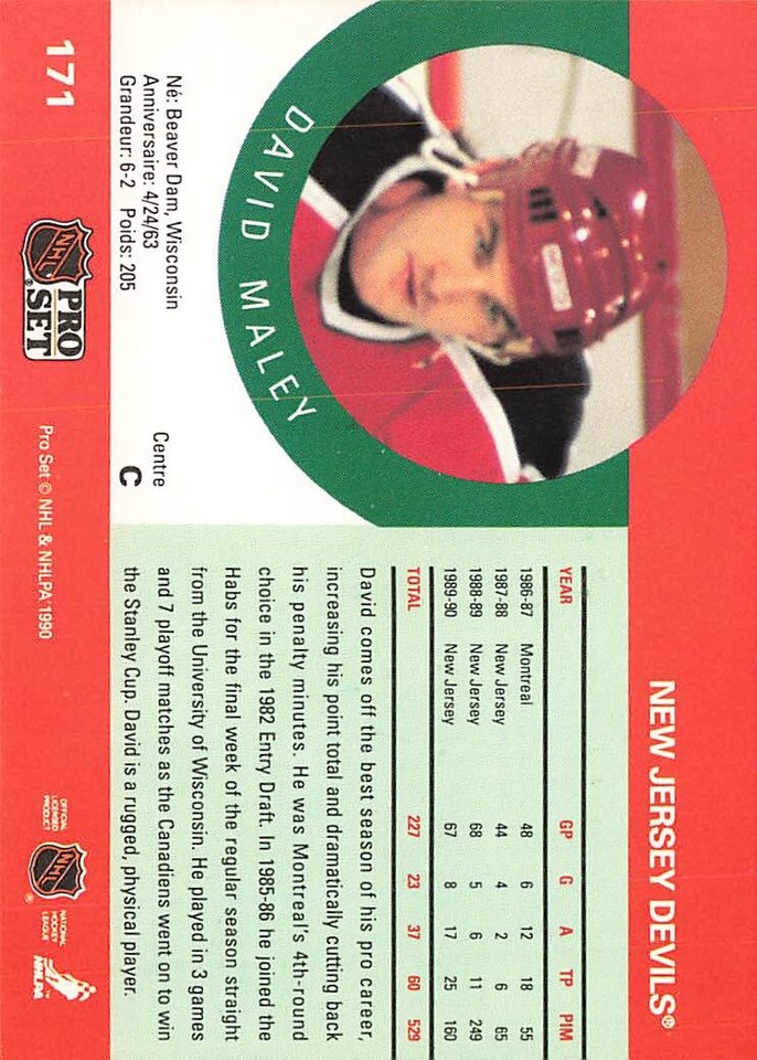 David Maley 1990 Pro Set #171a New Jersey Devils | eBay