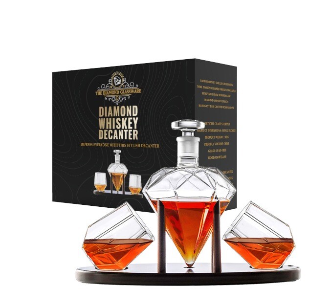 Diamond Whiskey Decanter With 2 Diamond Glasses Mahogany Wooden Holder ...