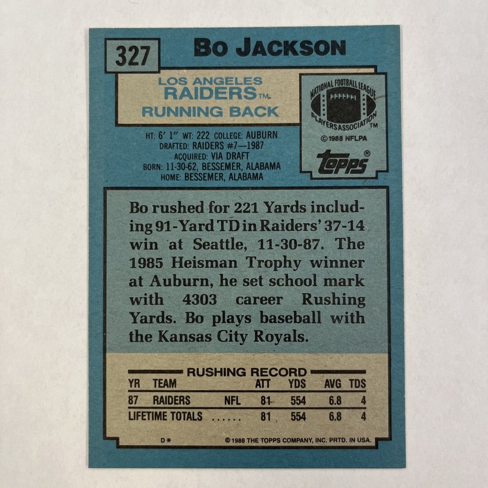 1988 Topps Super Rookie Bo Jackson Football Card 327 Los Angeles ...