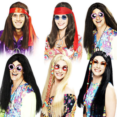 1960s Hippy Wigs Adults Fancy Dress 60s Hippie Mens Ladies Sixties ...
