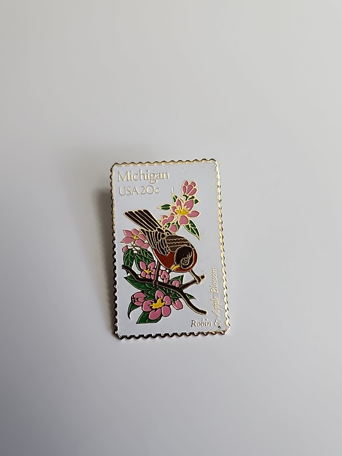 Michigan USA 20 Cent Postage Stamp Lapel Pin Robin & Apple Blossom | eBay