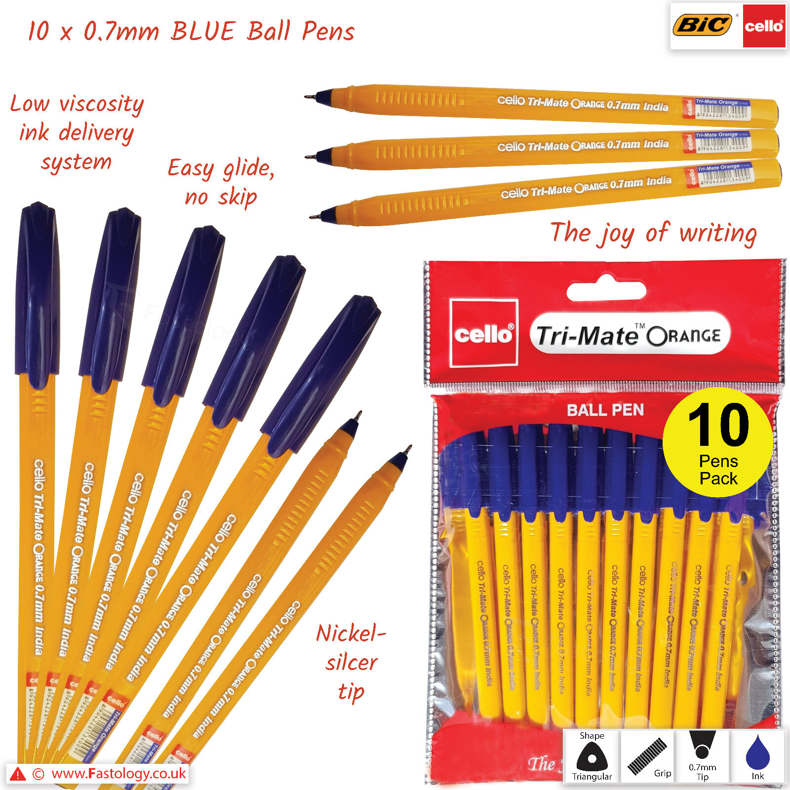 10 x 0.7mm Tip BIC CELLO Tri-Mate-Org BLACK Fine Point Ball Pens ...