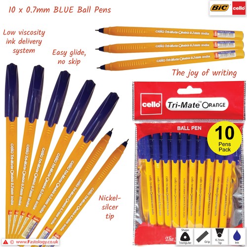 10 x 0.7mm Tip BIC CELLO Tri-Mate-Org BLACK Fine Point Ball Pens ...