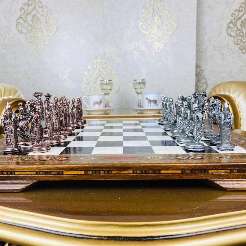 Chess Set Handmade Spanish Mexico Inlaid Board Antique Pieces ...