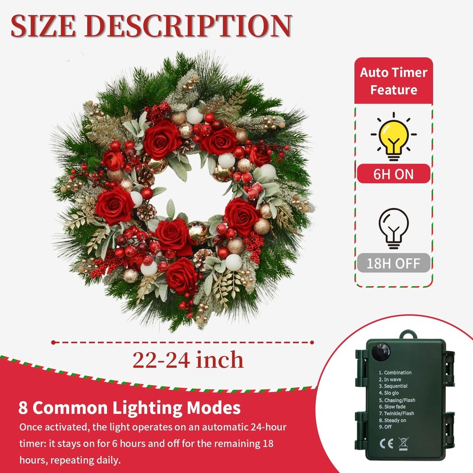 24 Inch Artificial Christmas Wreath for Front Door, Christmas Rose ...