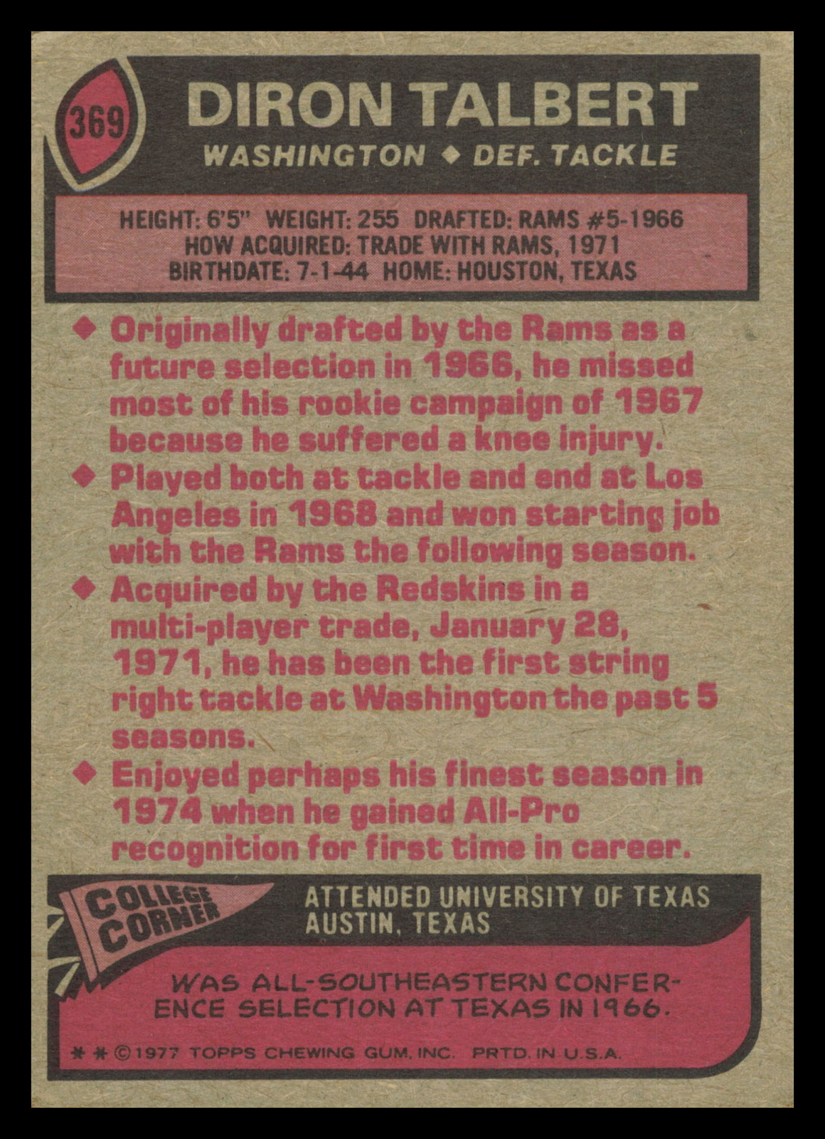 1977 Topps Football #369 Diron Talbert Washington Redskins | eBay