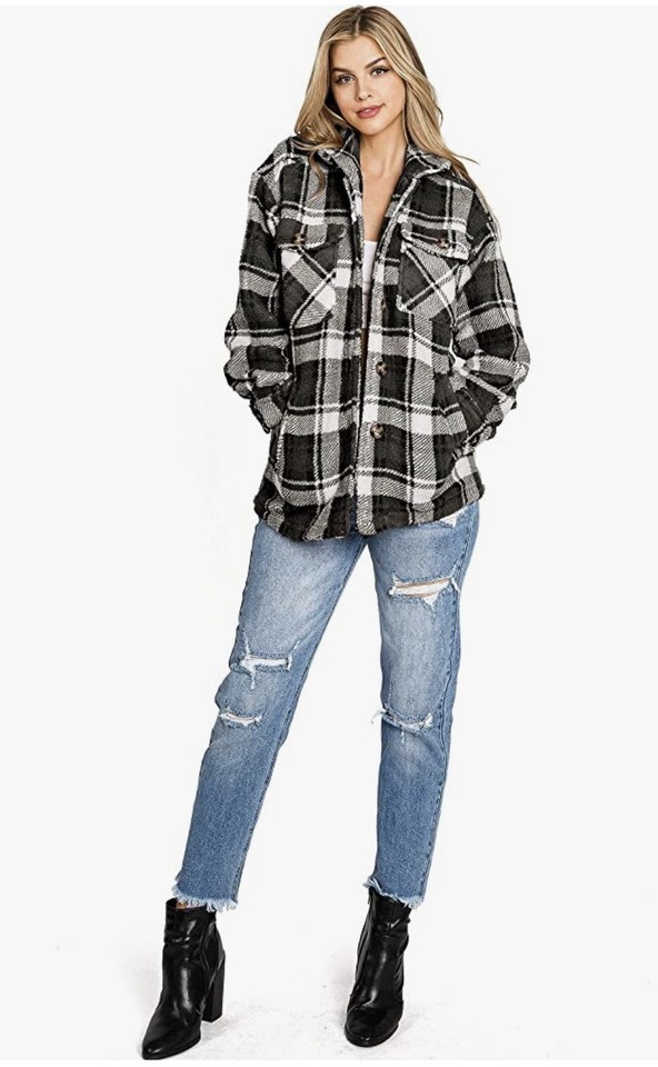 Love Tree Women's Cozy Soft Sherpa Teddy Coat Plaid Shacket | eBay