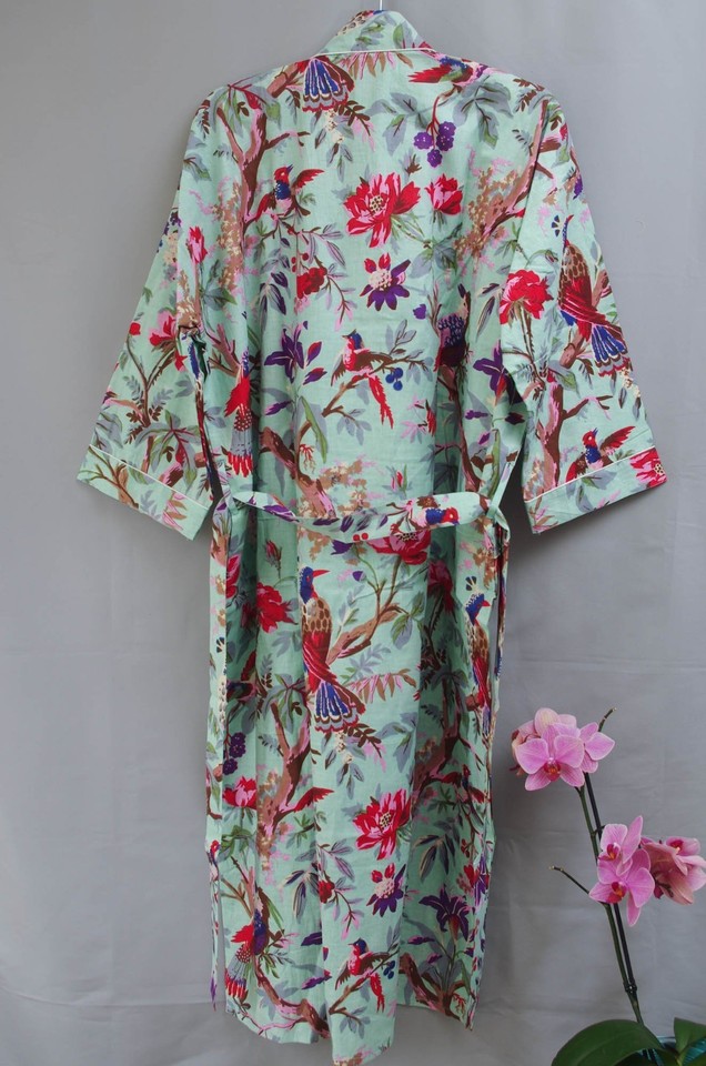 Indian Bird Printed Green Cotton Robes Long Kimono Sleepwear Night ...