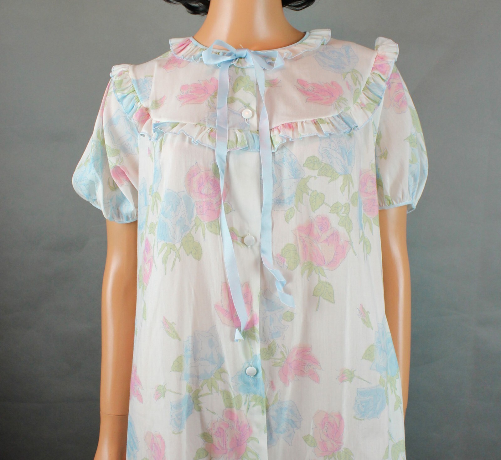 Vintage 60s Robe M Long Semi Sheer Gauzy White Pink B… - Gem