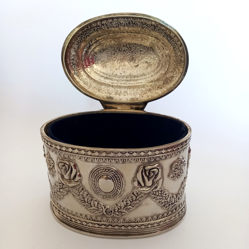 Antique Vintage Box Jewelry Oval Velvet Trinket Lined/Silver Plated ...