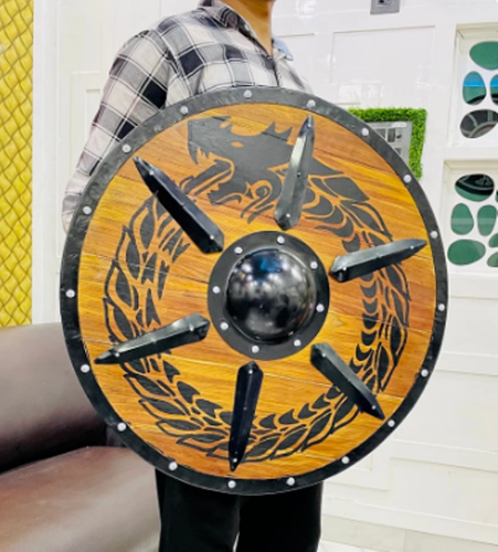 22'' Viking Round Wooden Armor Black Dragon Arm Shield Arm LARP Steel ...
